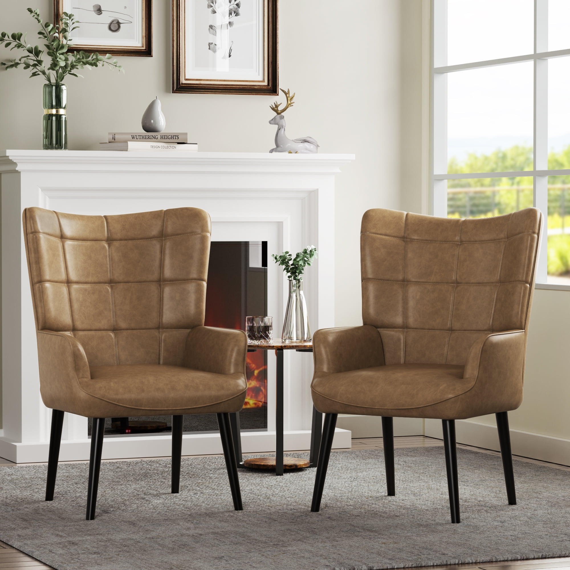 HUIMO Mid-Century Accent Chairs, PU Leather Vintage Upholstered Living Room Chair, Cozy Armchair ...