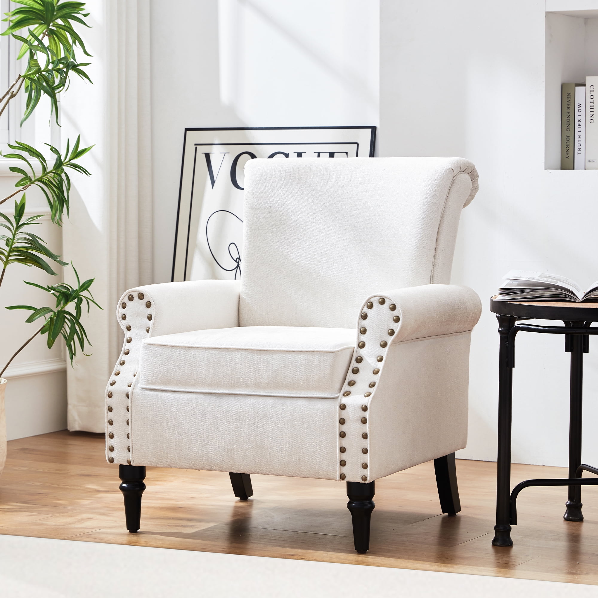 HUIMO Mid-Century Modern Accent Chair, Upholstered High Back Armchair with Nailhead Trim, Comfy ...