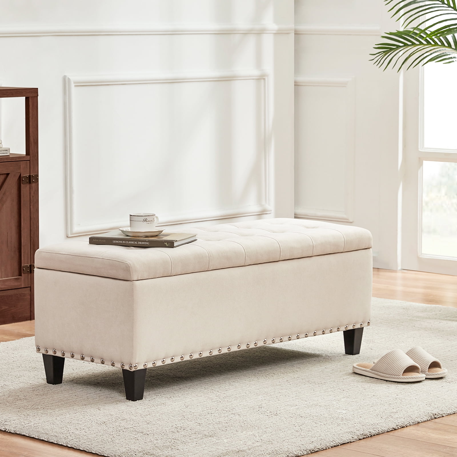 Huimo Ottoman With Storage 41 Inch Upholstered Fabric Storage Bench