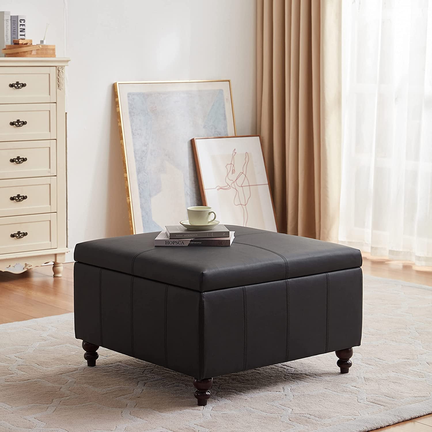 Huimo Large Capacity Square Storage Ottoman Faux Leather Coffee Table