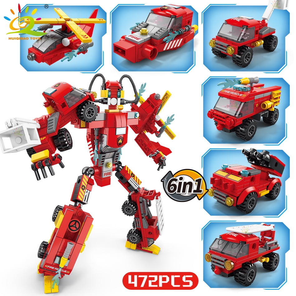 HUIQIBAO 472pcs 6in1 City Fire Truck Model Building Blocks Fireman ...