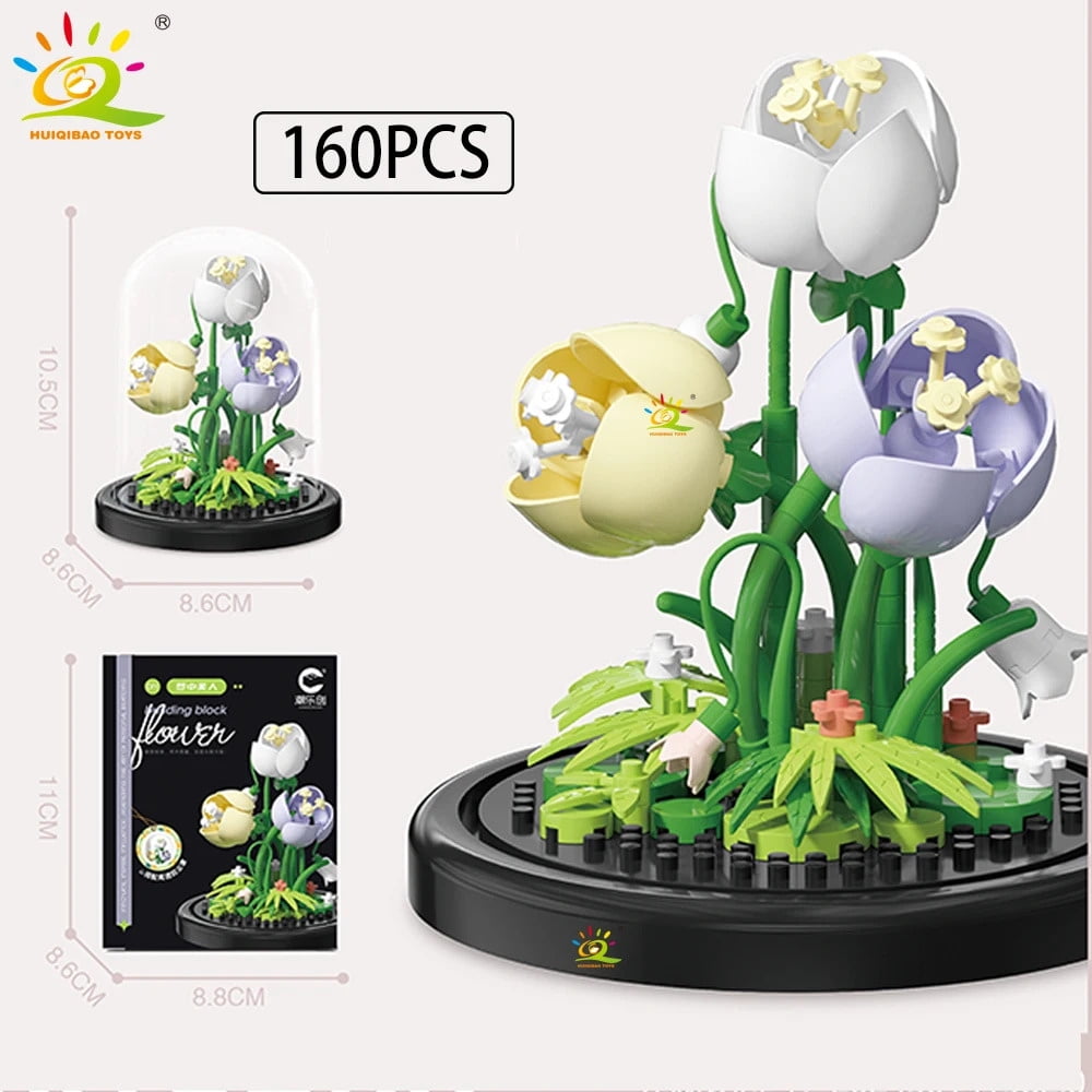 HUIQIBAO MOC Eternal Bouquet Display Box Micro Building Blocks Flower Model DIY Home Desk Plant ...