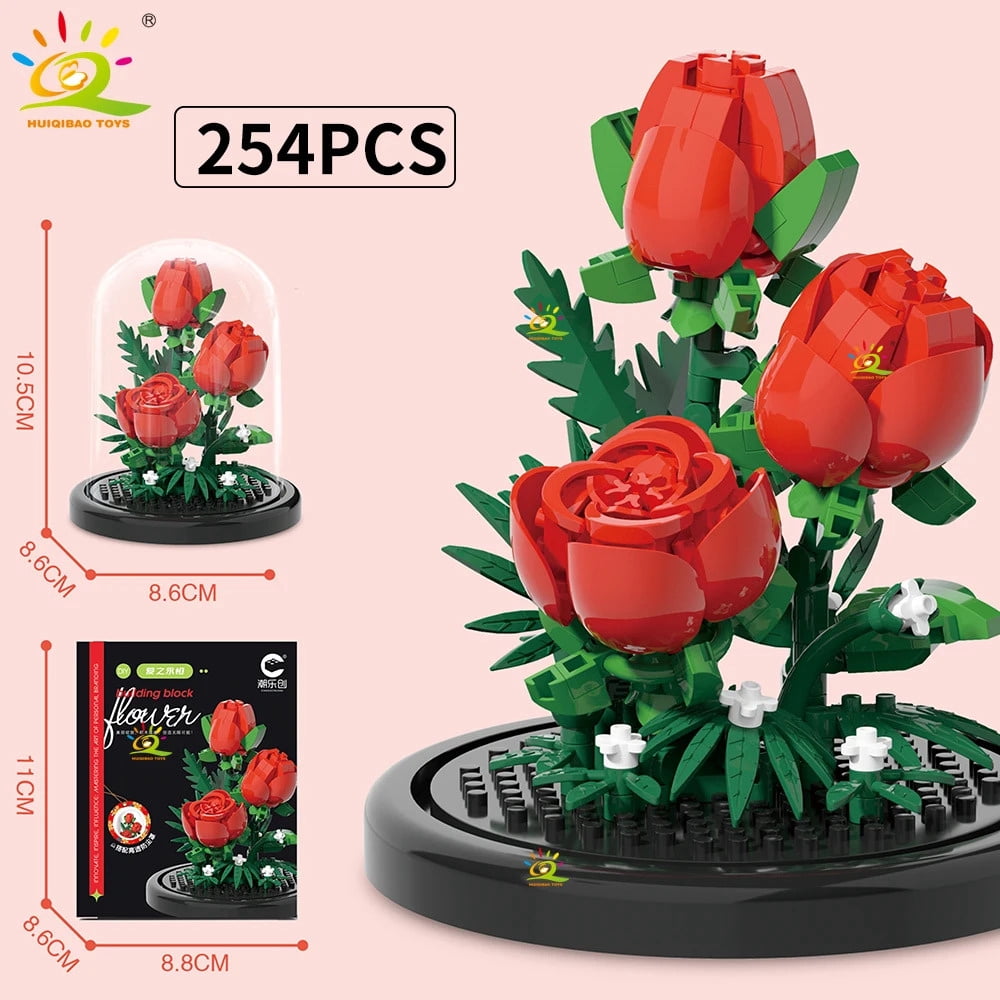 HUIQIBAO MOC Eternal Bouquet Display Box Micro Building Blocks Flower ...
