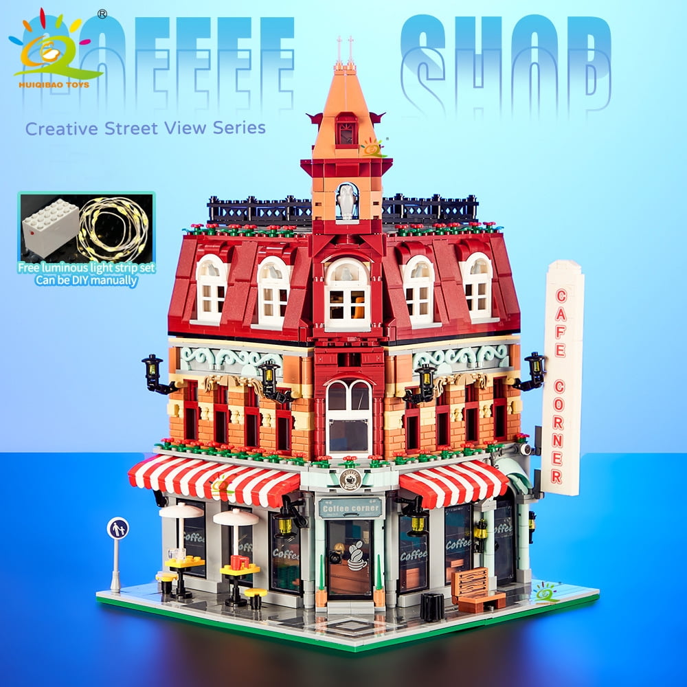 HUIQIBAO Toys MOC City Corner Coffee Shop Architecture Style Street ...