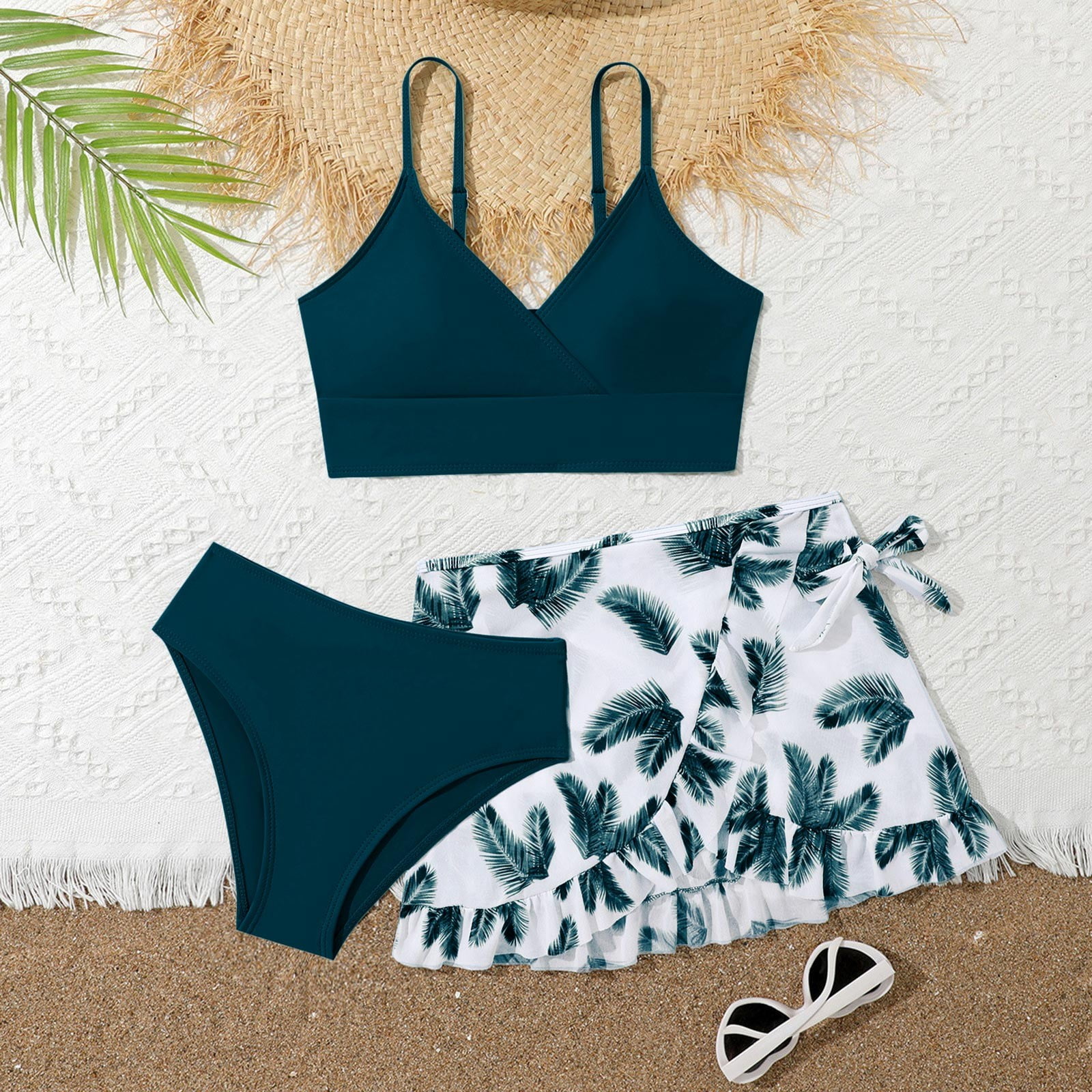 HUITKMM Girls 3 Piece Swimsuits with Skirts Tropical Floral Print Swim ...
