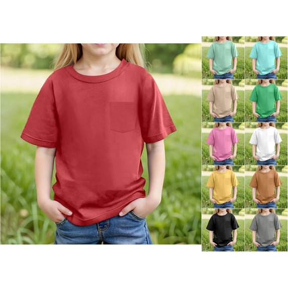 HUITKMM Girls Shirts Girls Casual Pocket T Shirt Summer Pure Color Tee ...