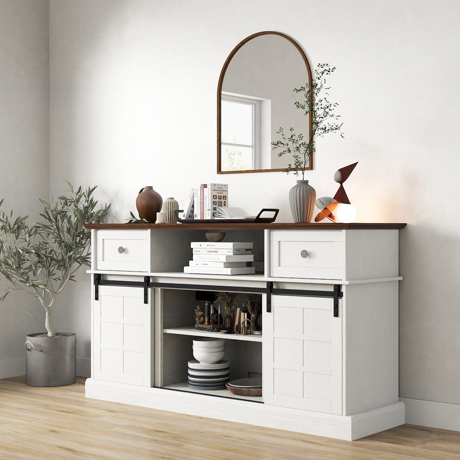 HUJAUU Farmhouse TV Stand for TVs up to 65", White Entertainment Center ...
