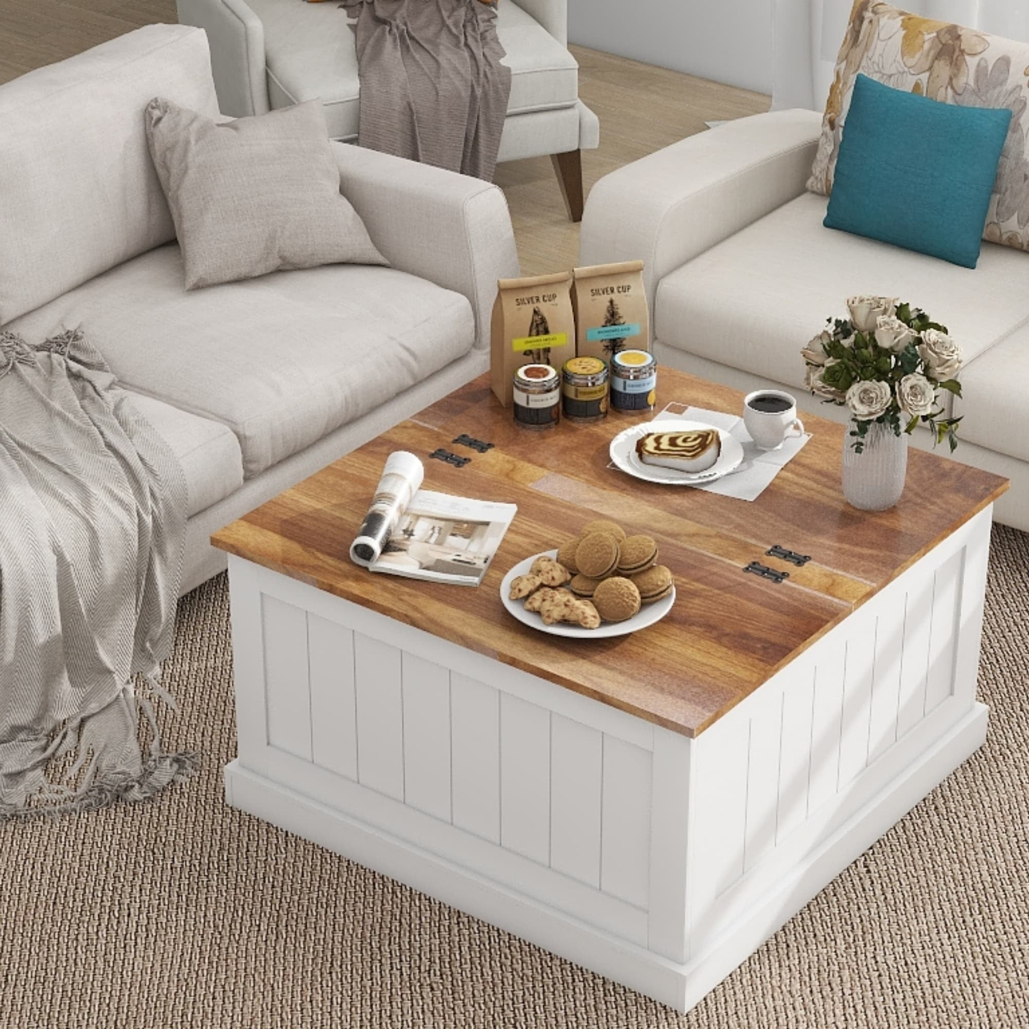 HUJHKIO Square Coffee Table with Storage, Rustic Square Center Table ...