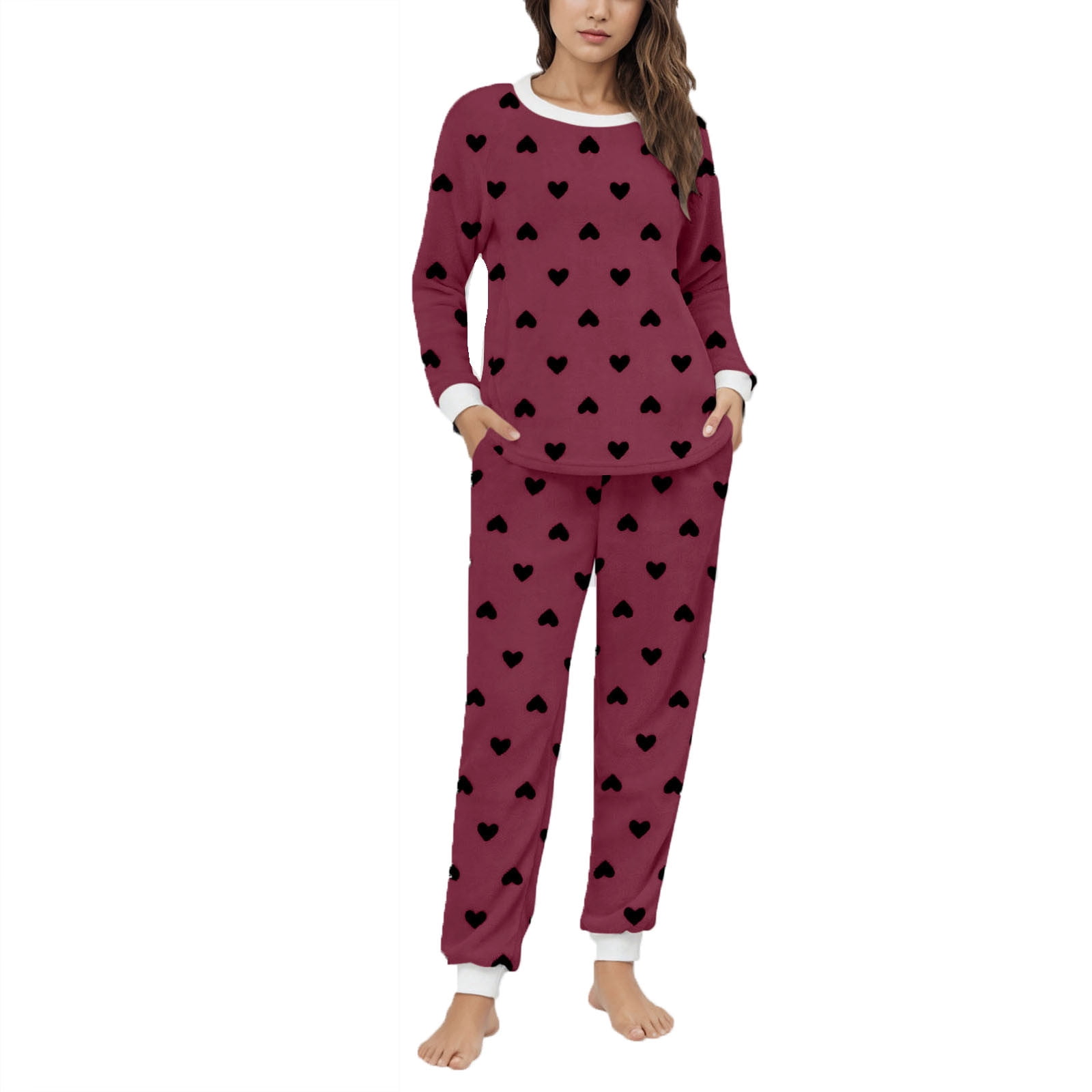HUJlwoi 2 Piece Fluffy Pj Sets for Woman Heart Print Warm Shaggy Fleece ...