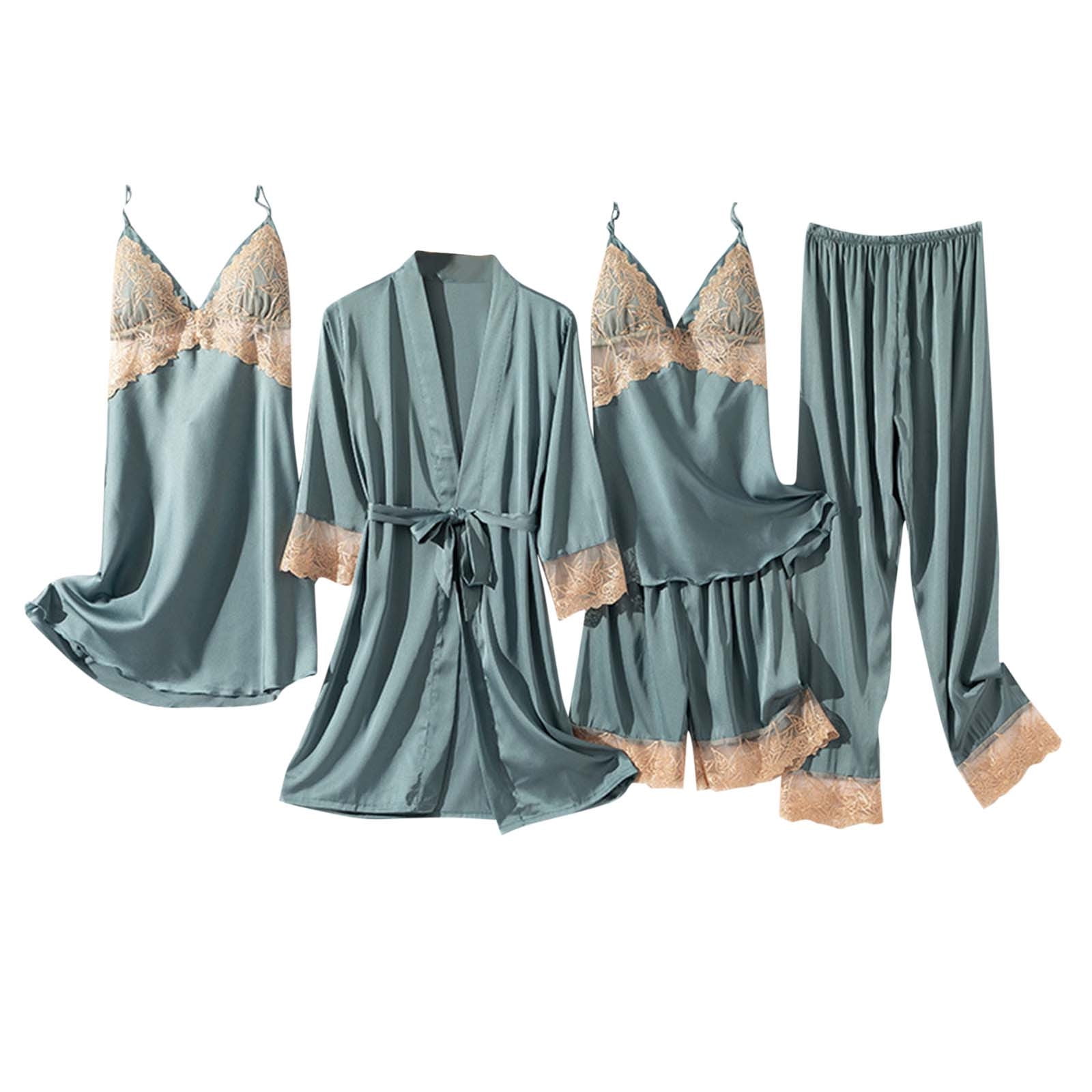 HUJlwoi 5 Piece Pajama Sets Women Chest Pad Lace Trim Pj Sets Nightgown ...