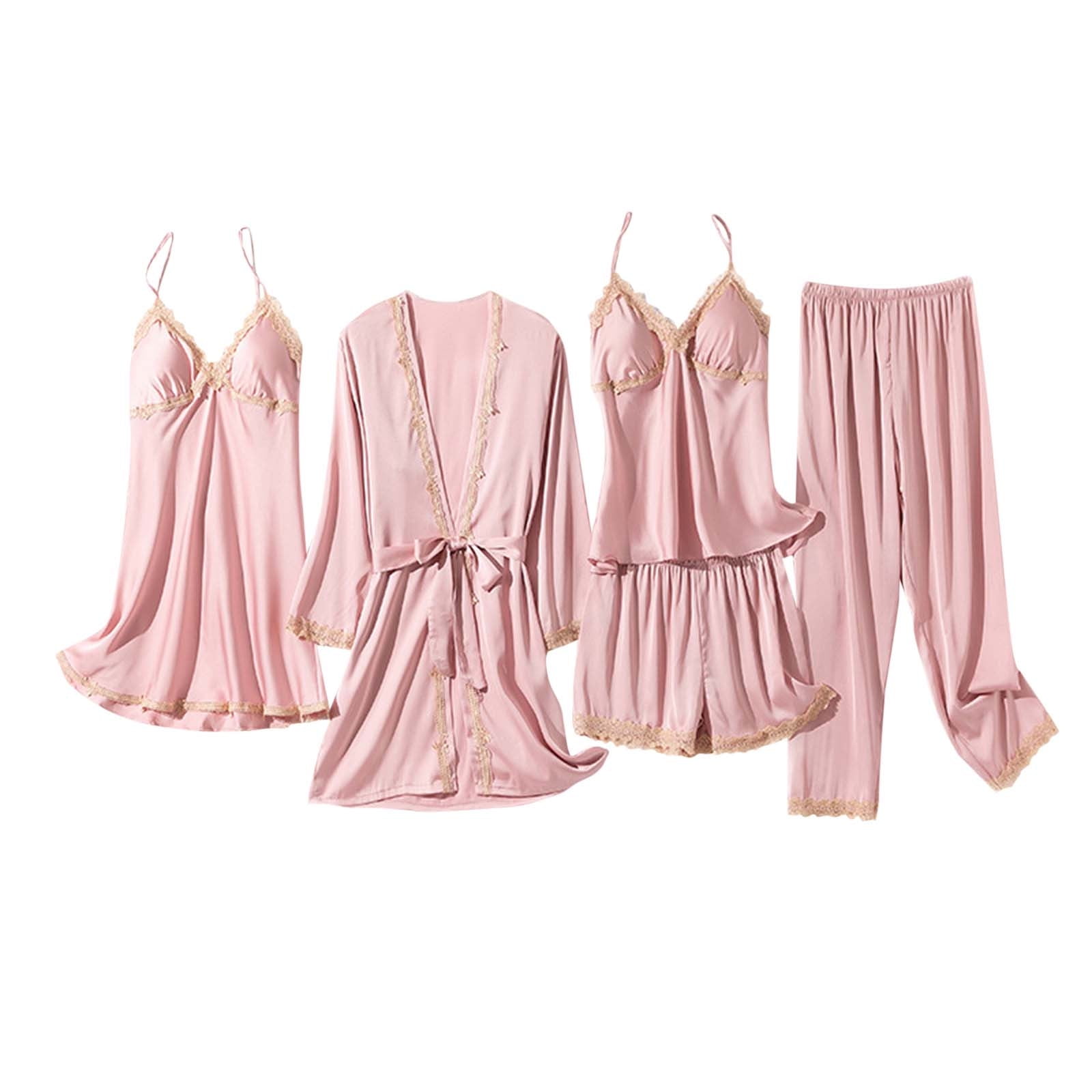 HUJlwoi 5 Piece Pajama Sets Women Chest Pad Lace Trim Pj Sets Nightgown ...