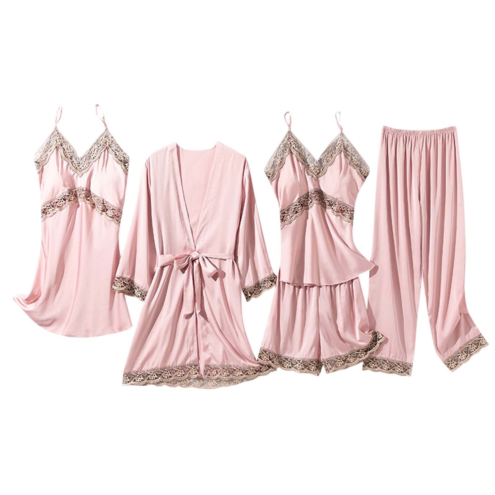 HUJlwoi 5 Piece Pajama Sets for Women with Belted Robe Lace Trim Basic Sleepwear Printed Soft ...