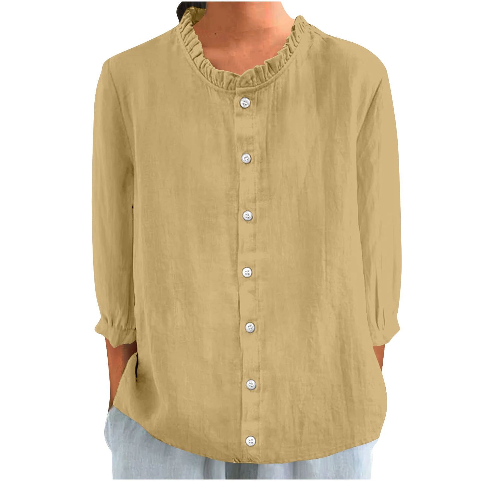 HUJlwoi Dressy Tops for Women Ruffle Neck Trendy Solid Color Blouses 3/ ...