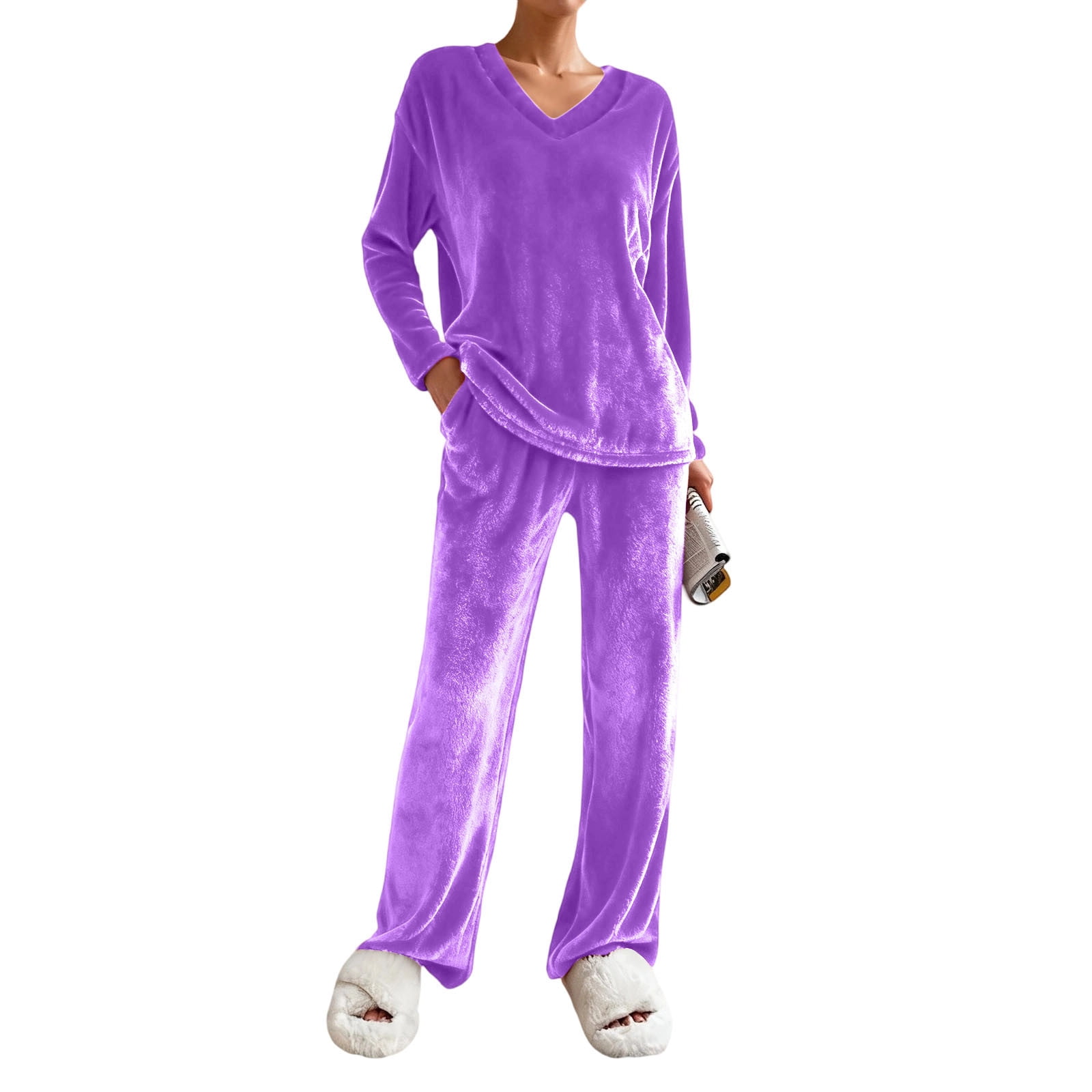 HUJlwoi Fluffy Pajama Set for Women Warm Sherpa V Neck Long Sleeve Tops ...