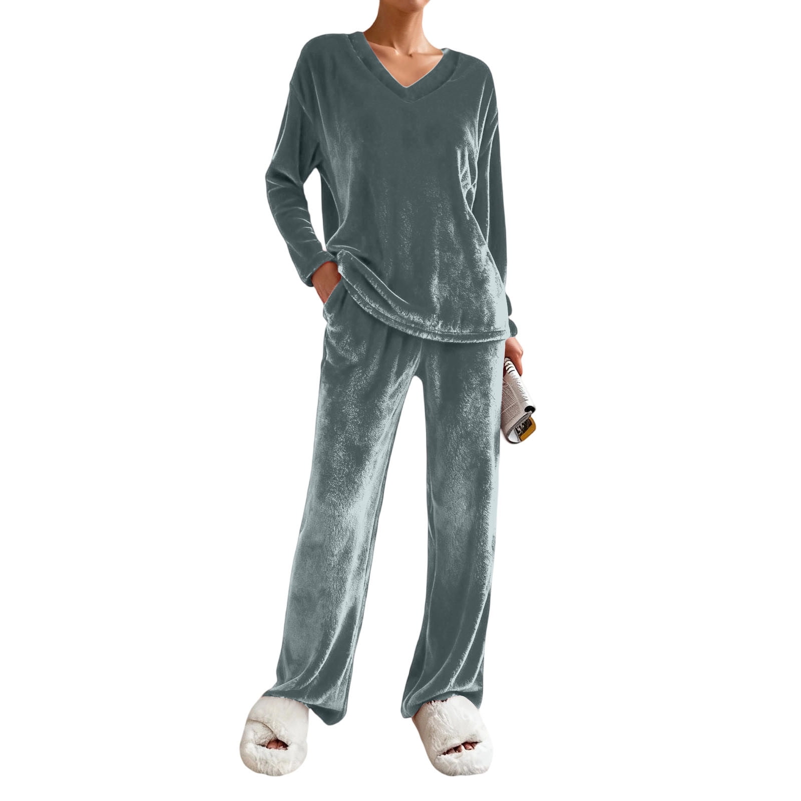 HUJlwoi Fluffy Pajama Set for Women Warm Sherpa V Neck Long Sleeve Tops ...