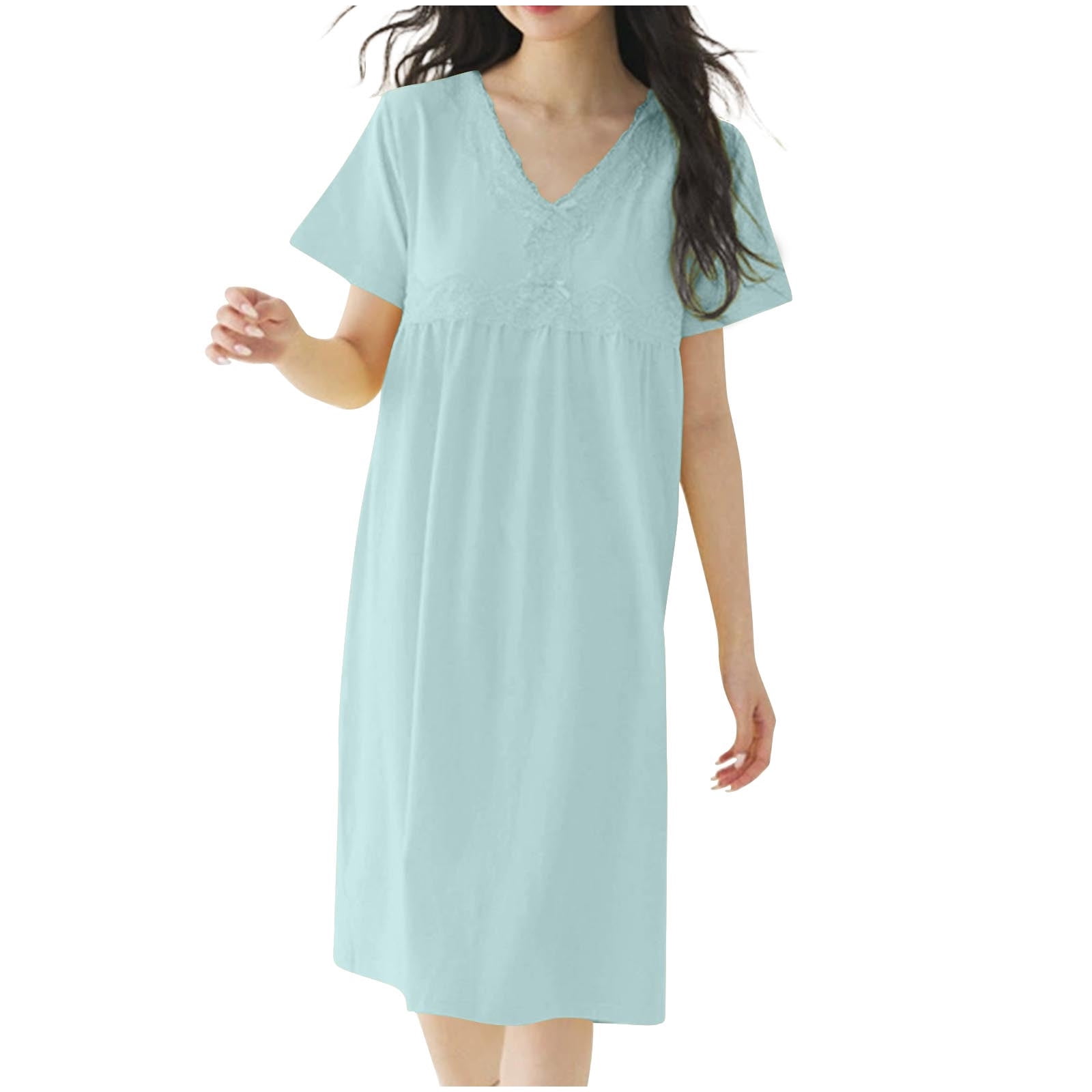 HUJlwoi Nightgowns for Women Cotton Short Sleeve Sleepshirt V Neck Lace ...
