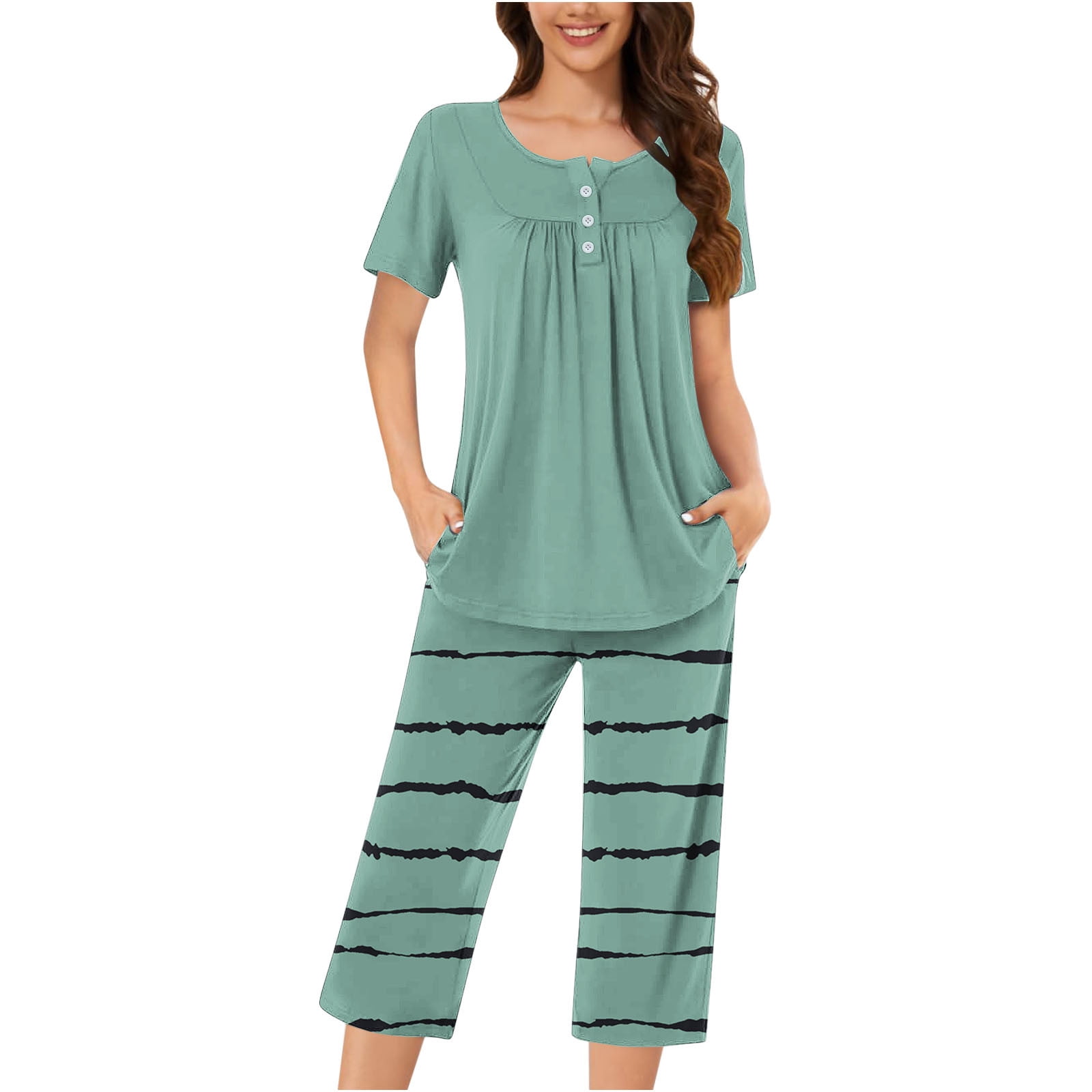 HUJlwoi Pleated Pajama Sets for Women 2025 Printed Capri Pants ...