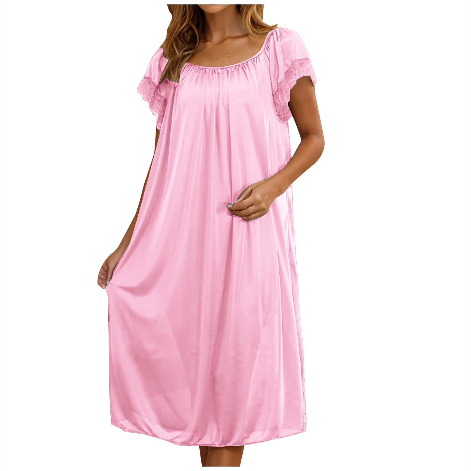 HUJlwoi Satin Nightgown for Women Lace Trim Short Sleeve Sleepshirt ...