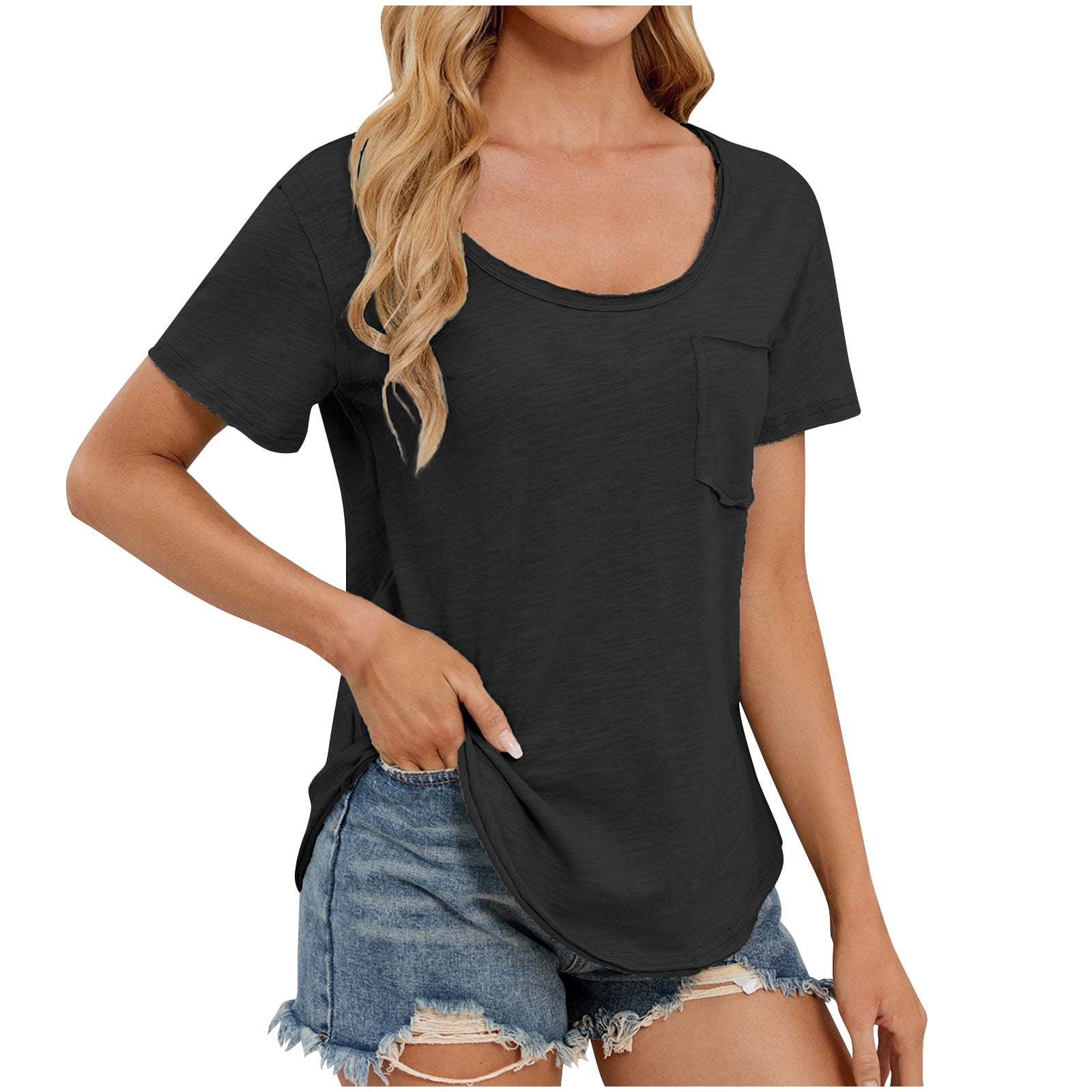 HUJlwoi Short Sleeve Shirts for Women Scoop Neck with Pocket Tops ...