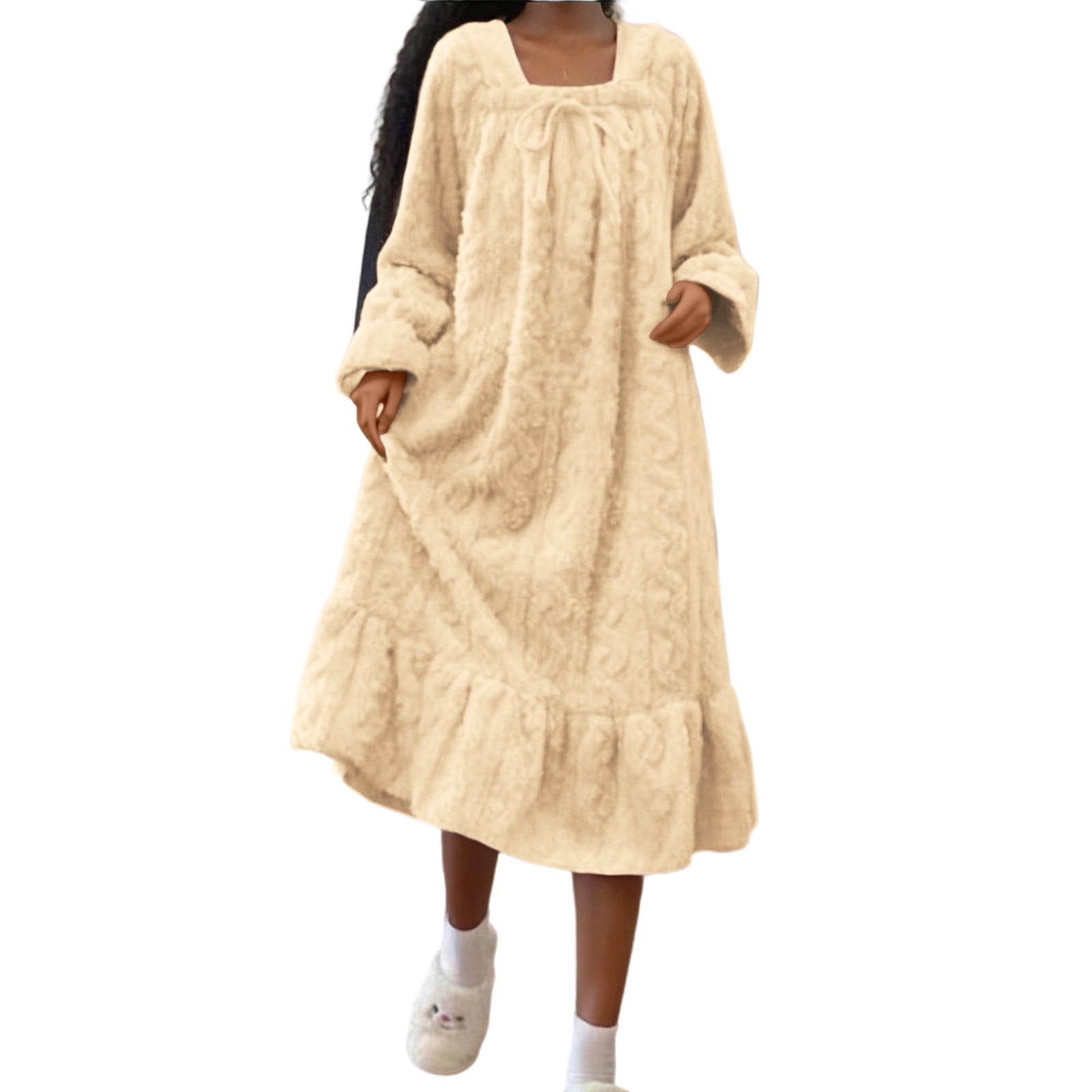 HUJlwoi Women's Nightgowns Fleece Fluffy Long Sleeve Ruffle Sleep Dress ...