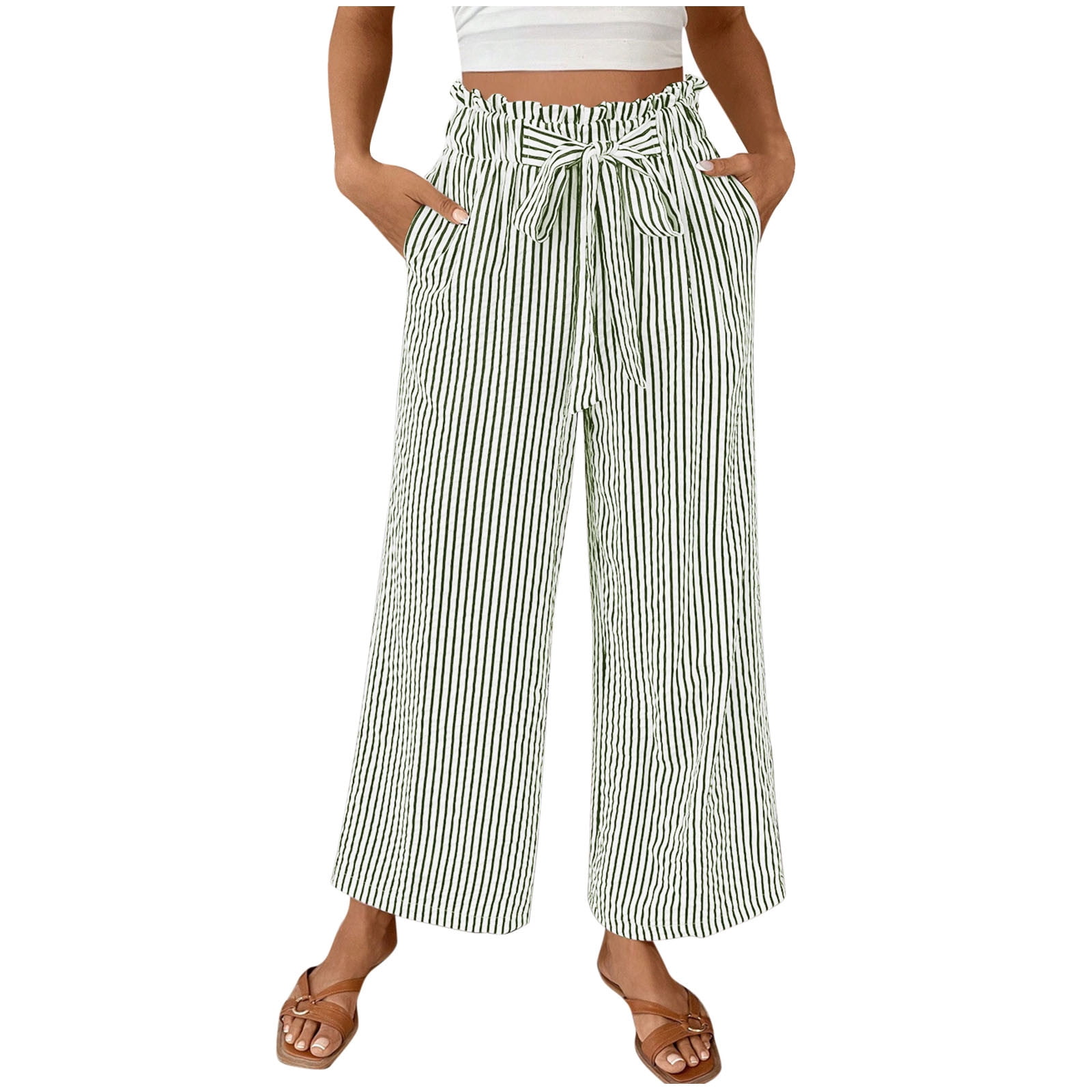 HUJlwoi Women's Wide Leg Pants Lightweight Striped Paper Bag Waist ...