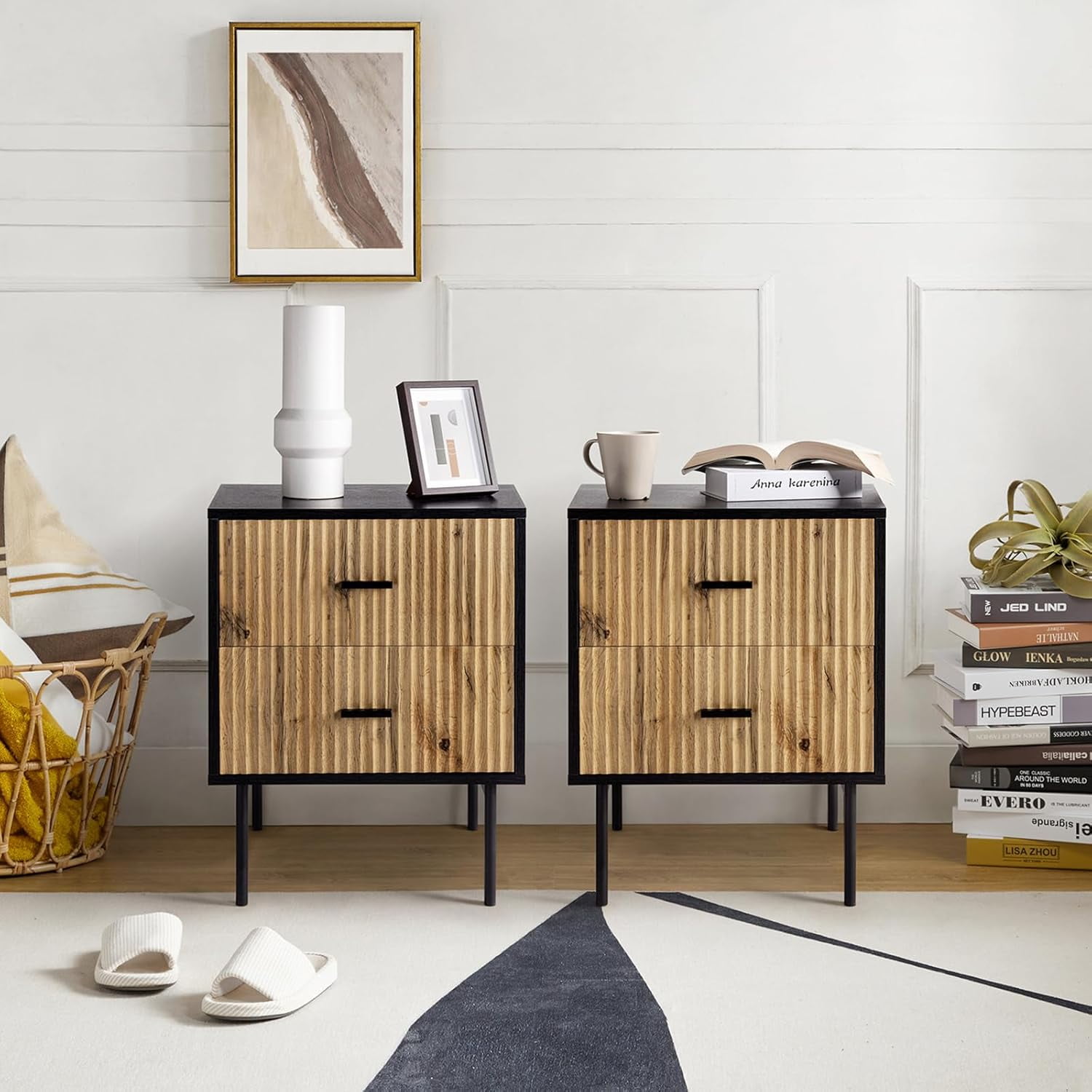 HULALA HOME 2 Drawer Modern Nightstand Set of 2, Wood Fluted Night ...