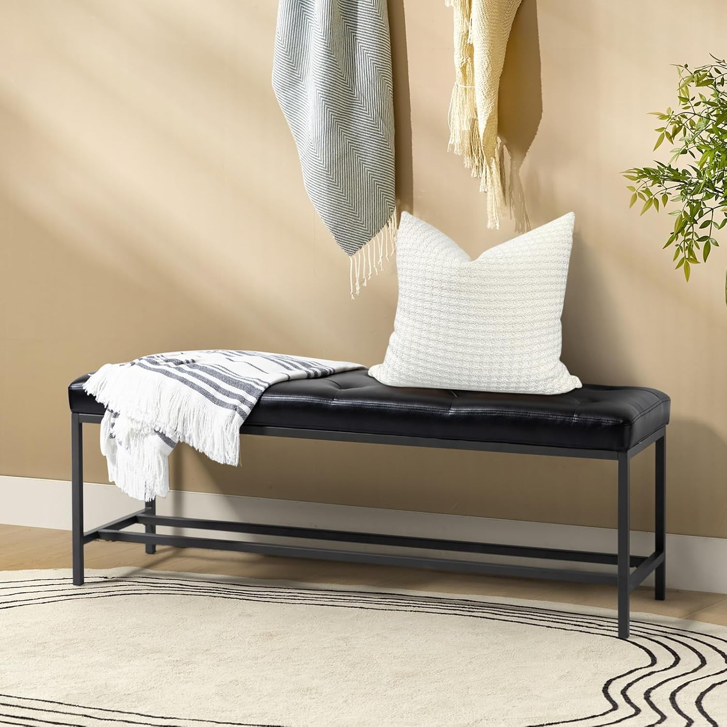 HULALA HOME Faux Leather Ottoman Bench with Storage Shelf & Metal Legs ...