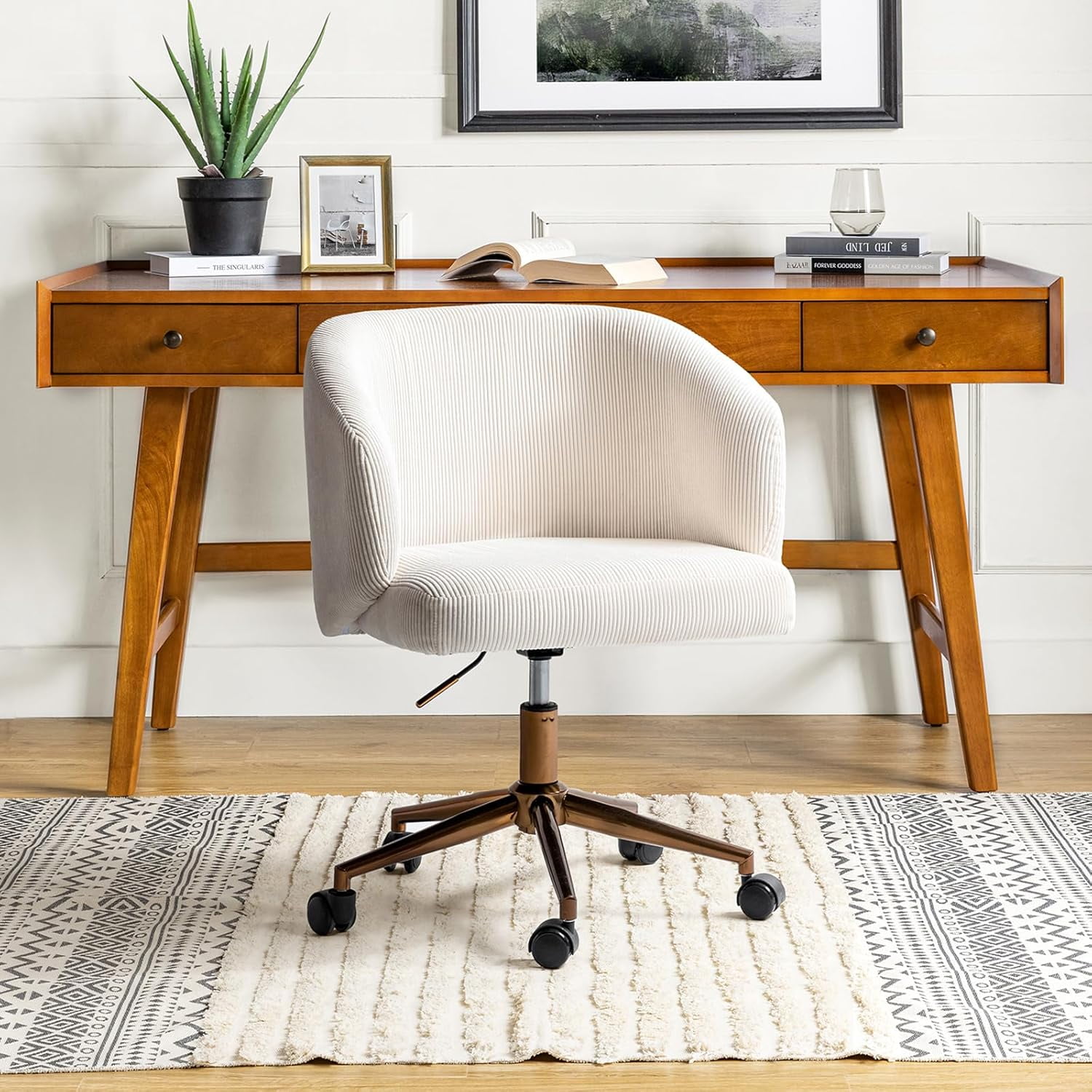 HULALA HOME Ivory Home Office Chair with Wheels, Mid-Century Modern ...