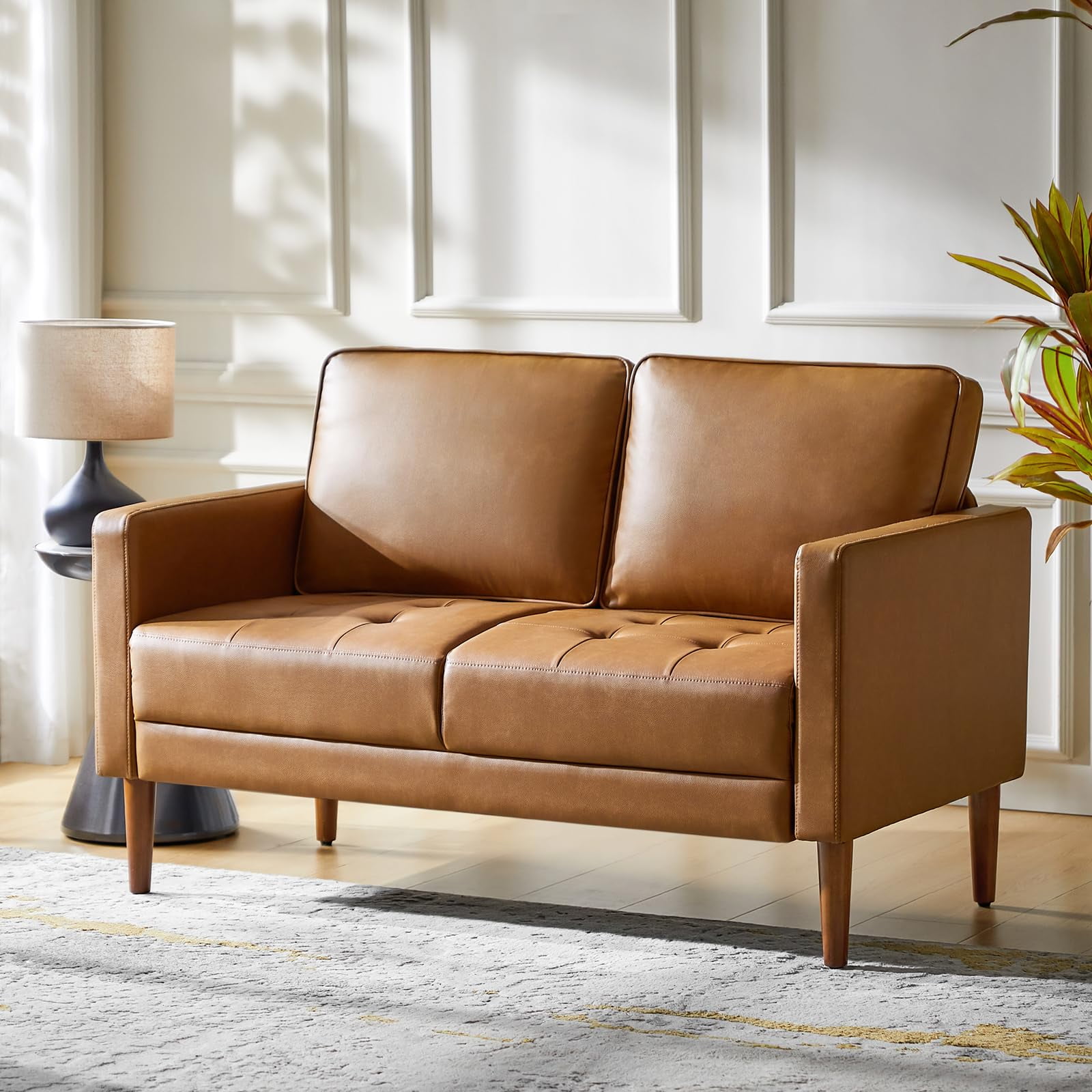 HULALA HOME Mid-Century Modern Faux Leather Loveseat Sofa with Movable ...