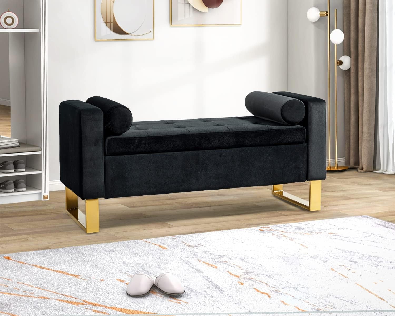 HULALA HOME Modern Storage Bench with Gold Base & Bolster Pillows ...