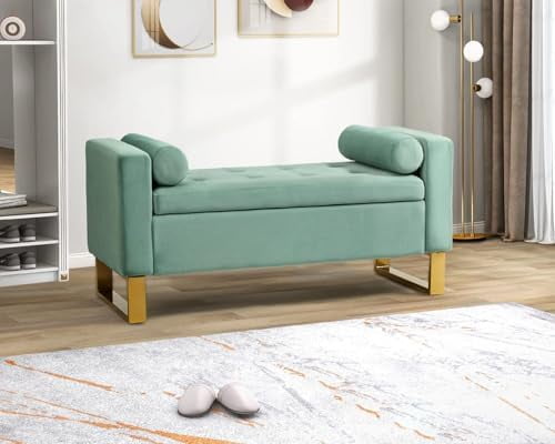 HULALA HOME Modern Storage Bench with Gold Base & Bolster Pillows ...