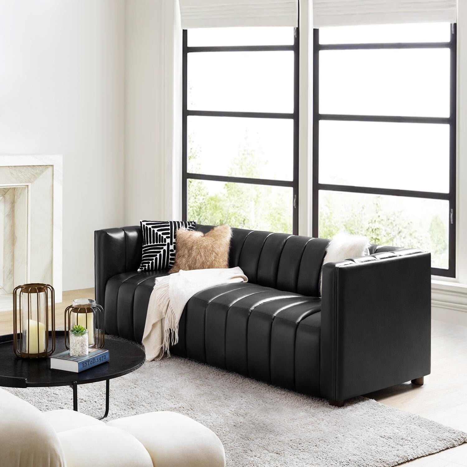 HULALA HOME Olinto Modern Camel 83-Inch Genuine Leather Curved Couch ...