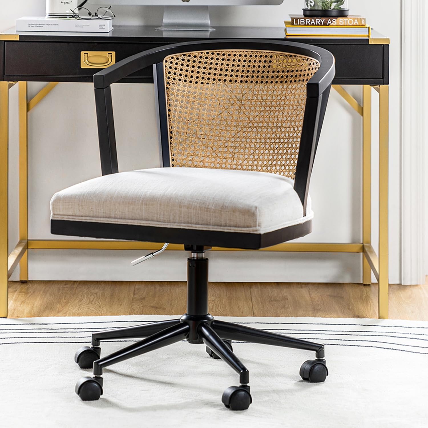 HULALA HOME Rattan Desk Chair with Wheels, Upholstered Office Chair ...