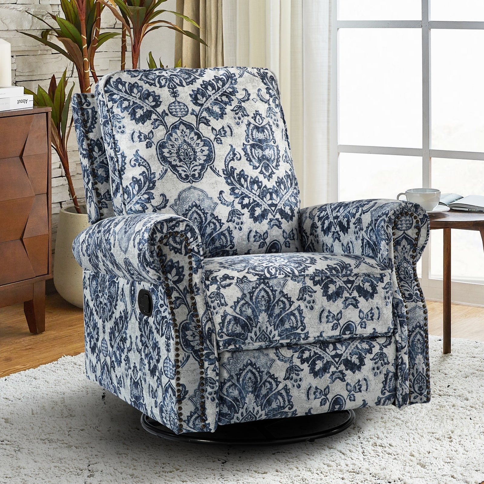 Hulala Home Roderich Farmhouse Gliding Upholstery Recliner with Swivel and Pop-Up Footrest ...