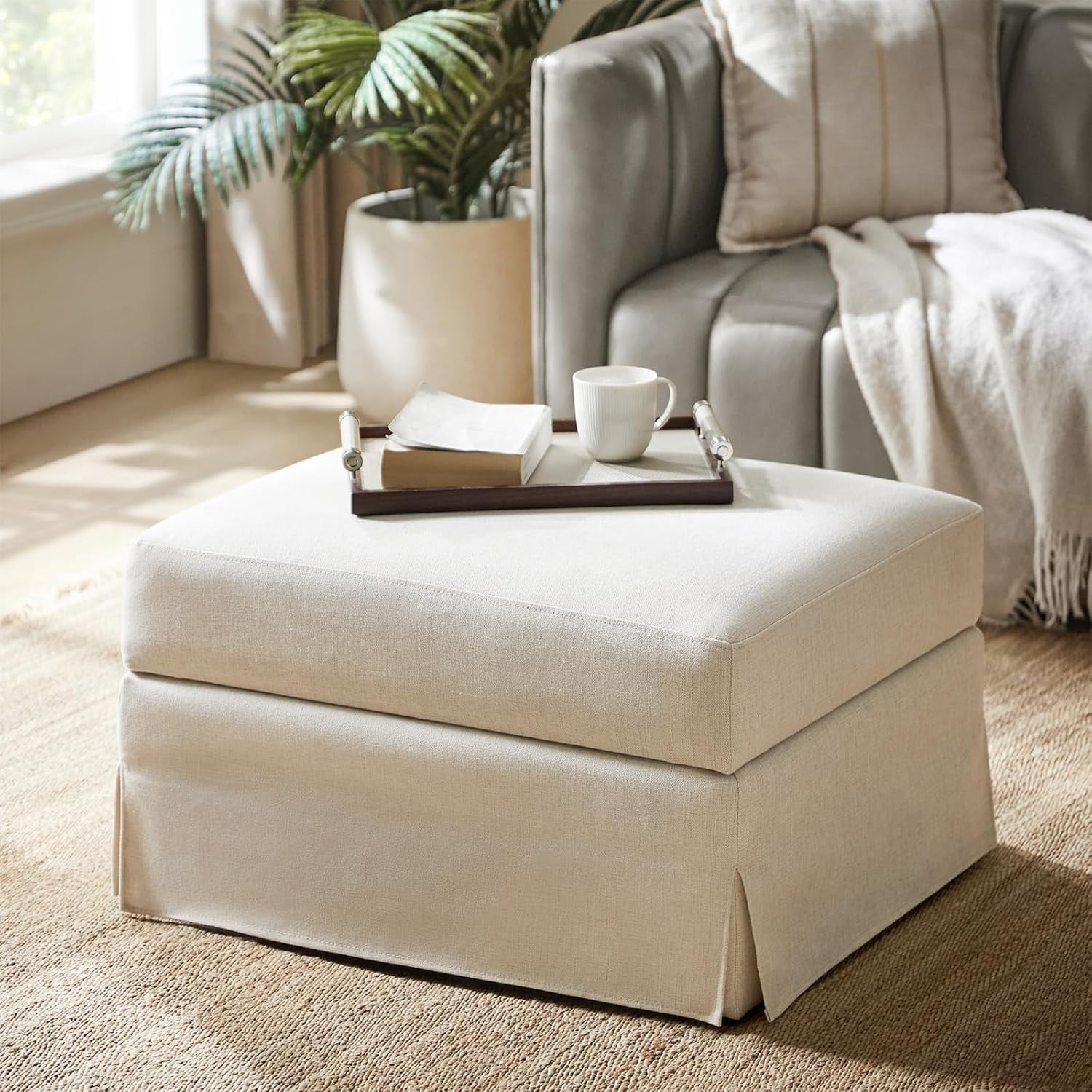 HULALA HOME Storage Ottoman Coffee Table with Lift Top, Farmhouse Linen ...