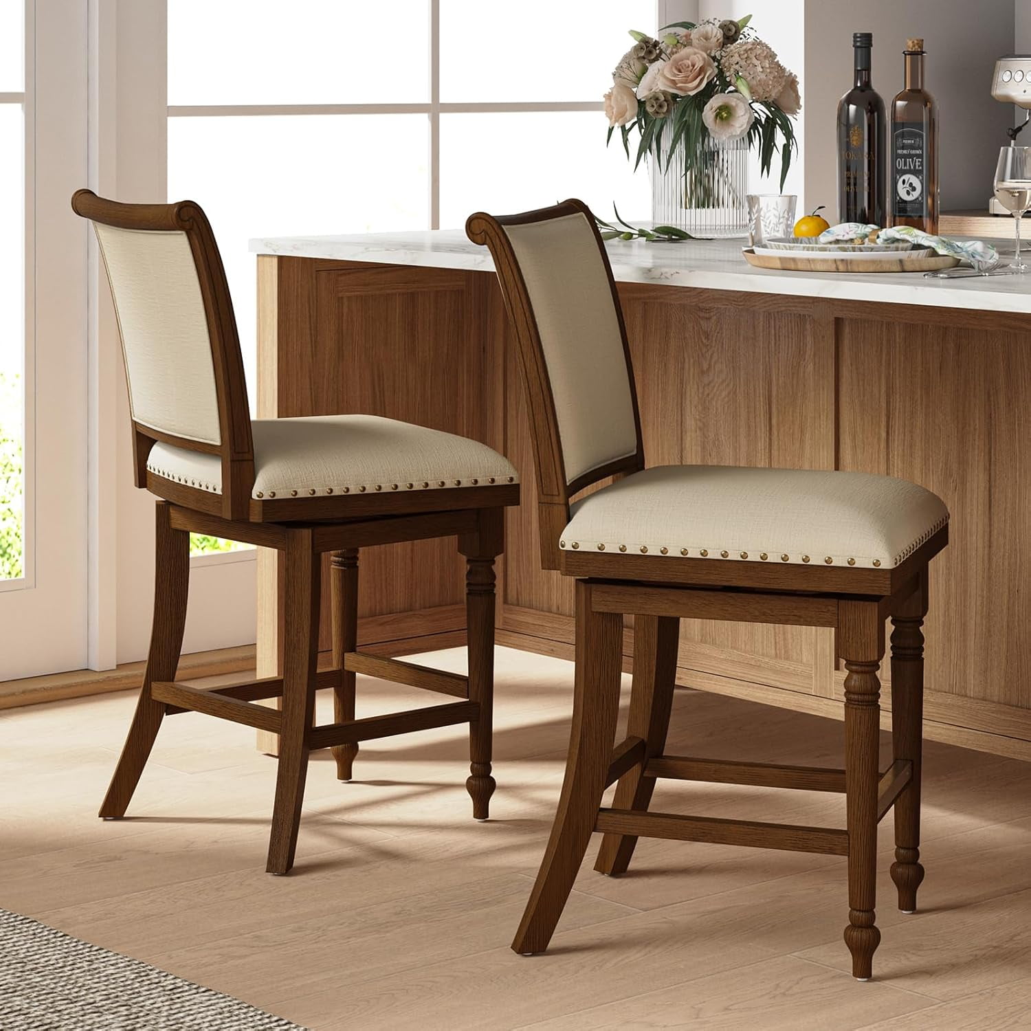 HULALA HOME Swivel Bar Stools Set of 2 with Wooden Spindle Legs, 26 ...