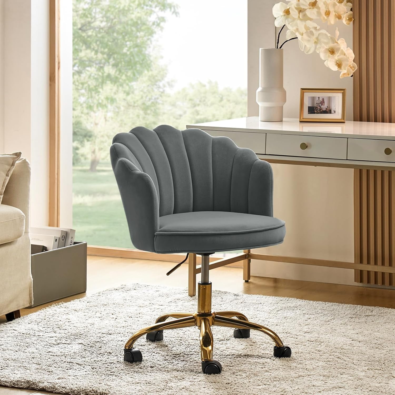 HULALA HOME Velvet Home Office Desk Chair, Modern Shell Back Makeup ...