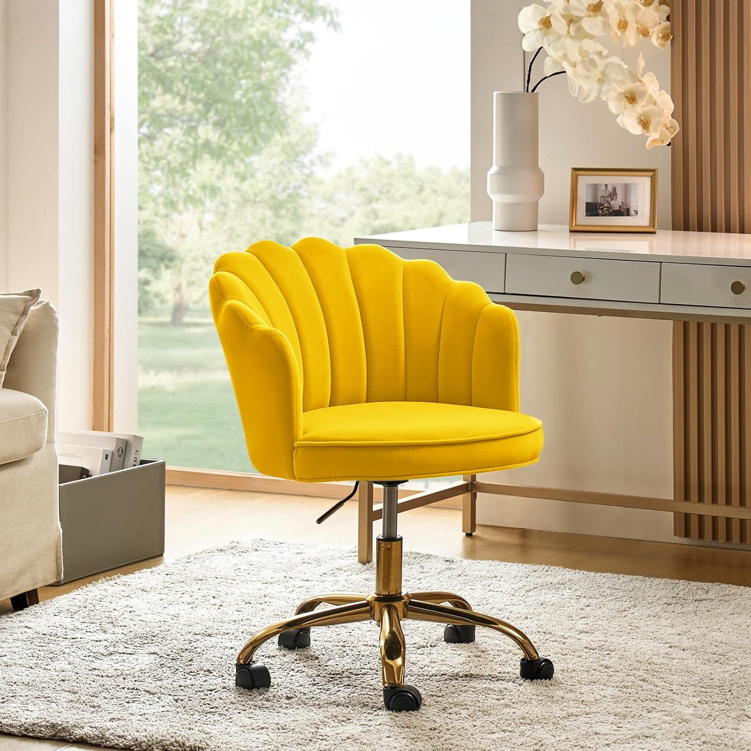 HULALA HOME Velvet Home Office Desk Chair, Modern Shell Back Makeup ...