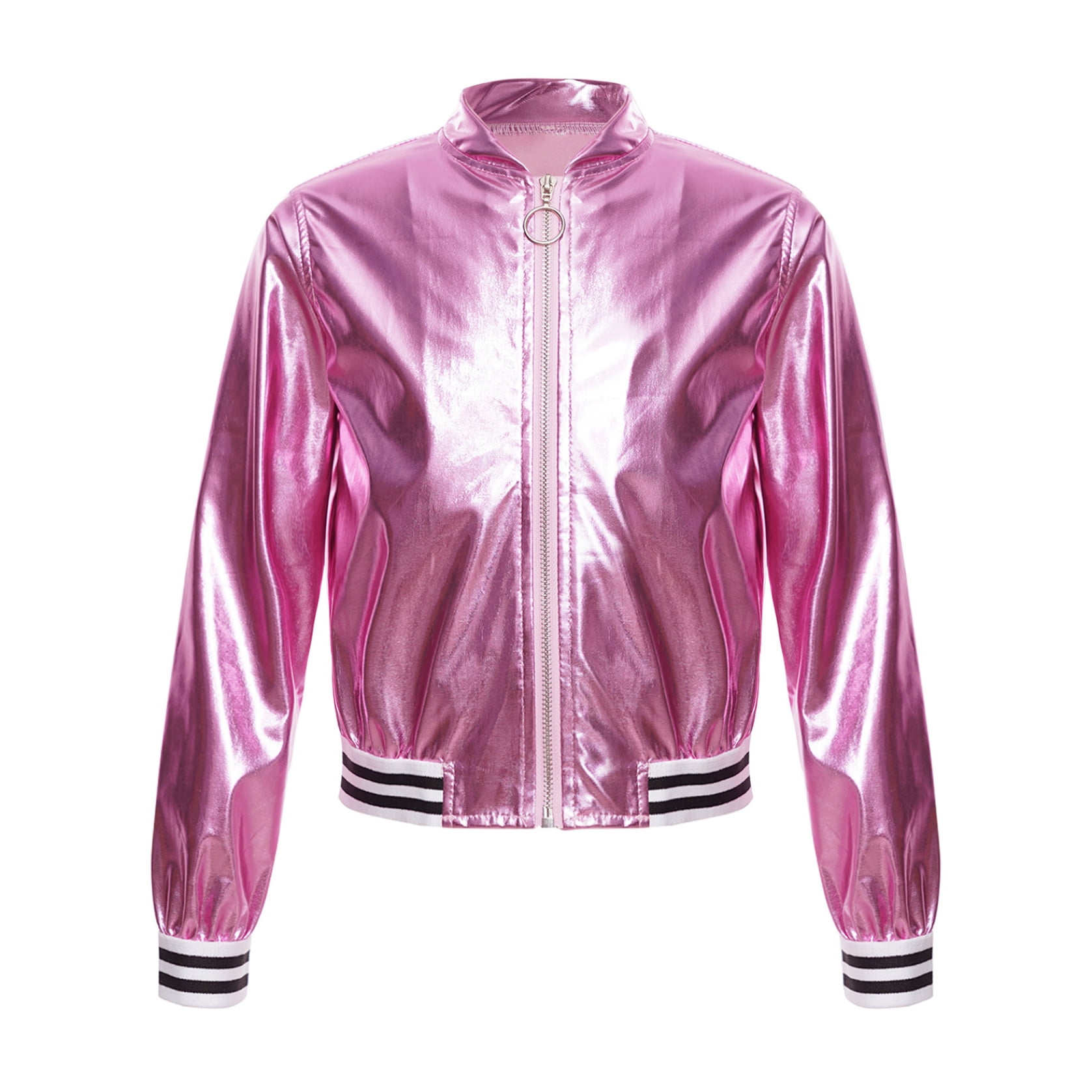 HULIJA Girls Boys Shiny Metallic Long Sleeve Bomber Jacket Jazz Hip-hop Street Dance Top Coat ...