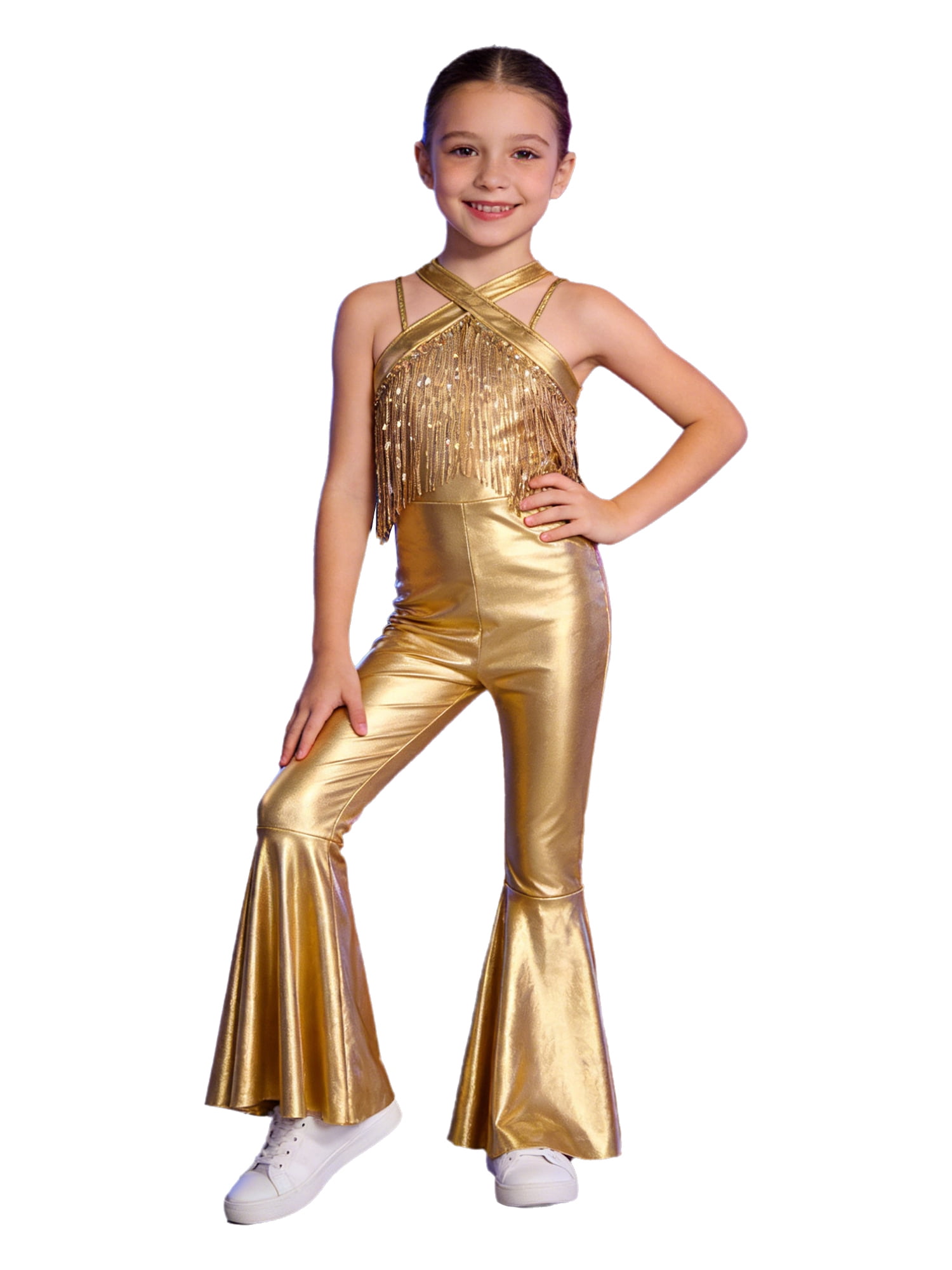 HULIJA Kids Girls Metallic Flared Pants Jumpsuit Sleeveless Tassel Bell ...