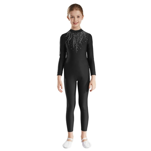 HULIJA Kids Girls Shiny Rhinestone Dance Unitard Long Sleeve Skating Jumpsuit One Piece Bodysuit ...