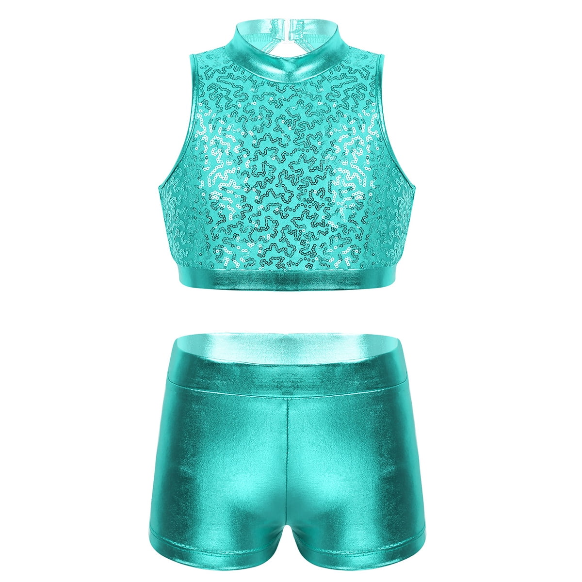 HULIJA Kids Girls Shiny Sequins Mock Neck Crop Top with Shorts Set ...