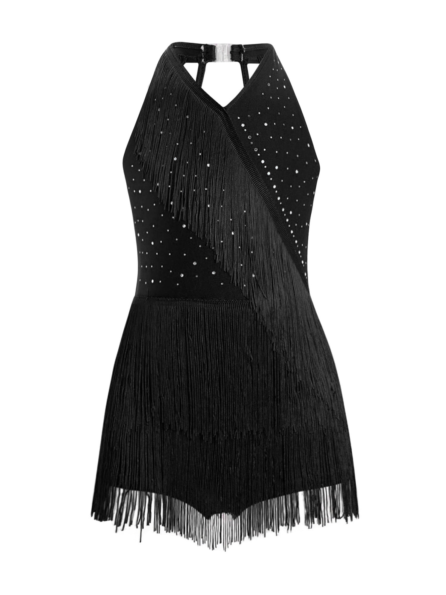 HULIJA Tiered Tassels Rhinestones Latin Dance Leotard Dress for Girls ...