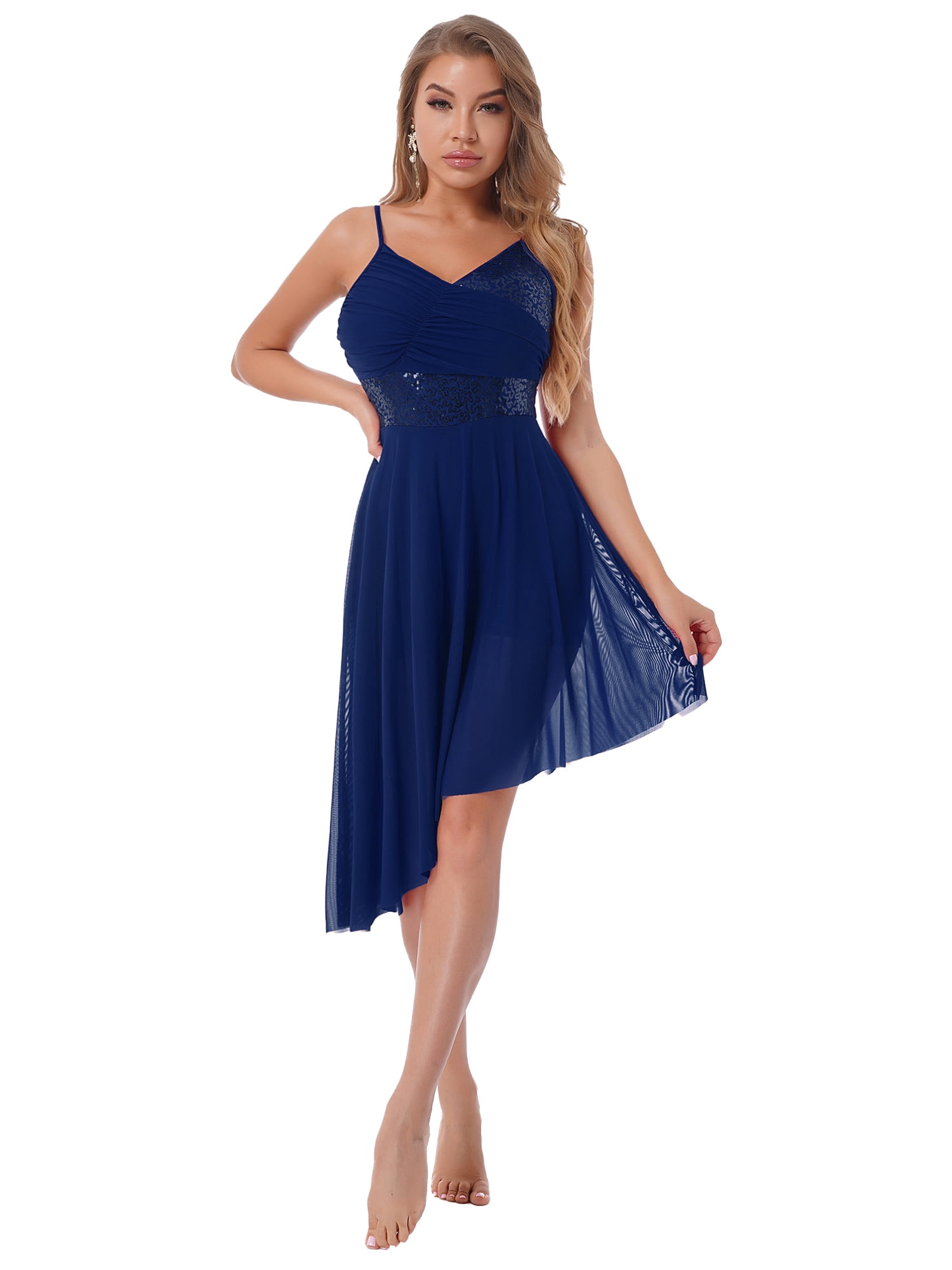HULIJA Women Shiny Sequins Dance Dress Asymmetric High Low Dancewear ...