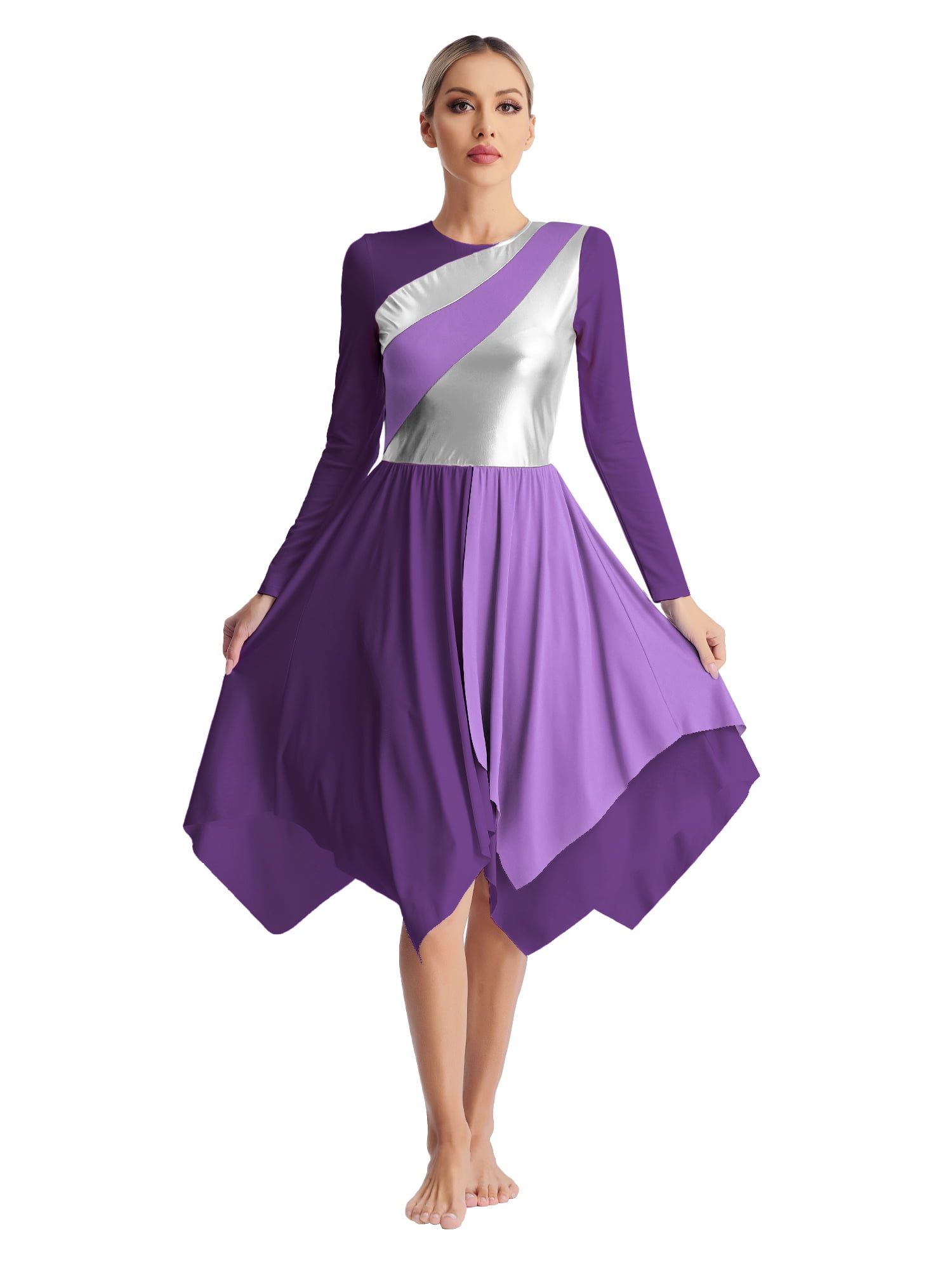 HULIJA Women's Long Sleeve Praise Dance Dress Metallic Color Block ...