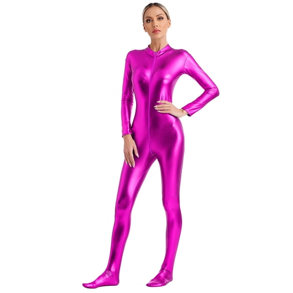 HULIJA Women's Metallic Leotard Zipper Front Leather Bodysuit Jumpsuit ...