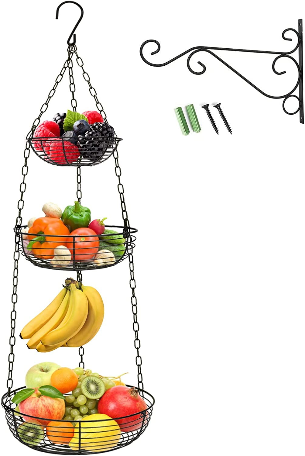 HULISEN 3 Tier Hanging Fruit Basket with Banana Hook, Heavy Duty Wire ...