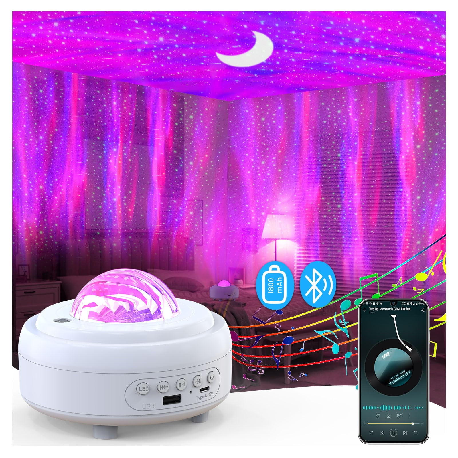 HUMIIEYE Star Projector with Bluetooth Speaker, 1800mAh Battery ...