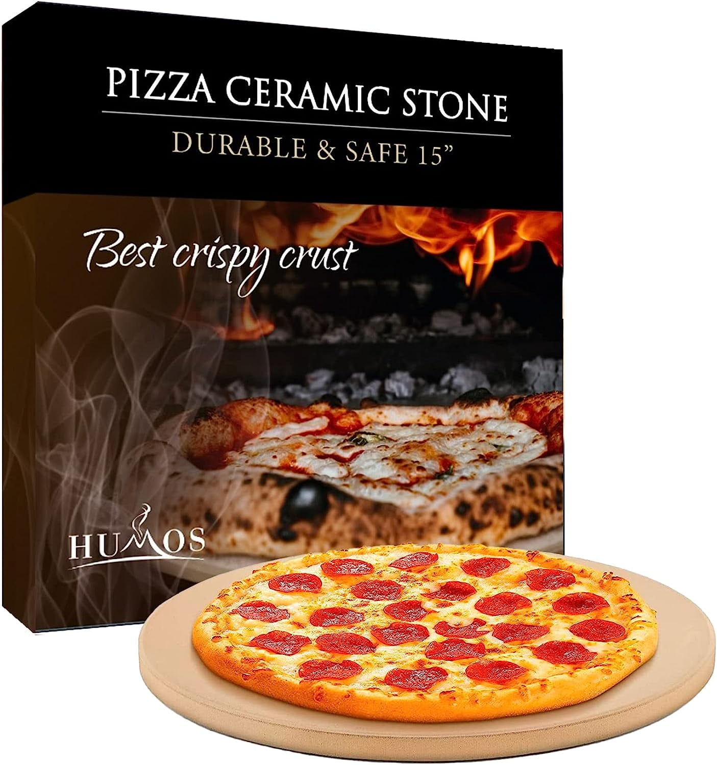 HUMOS 15" Round Pizza Ceramic Stone, Crispy Crust, Grill, Oven, Smoker ...