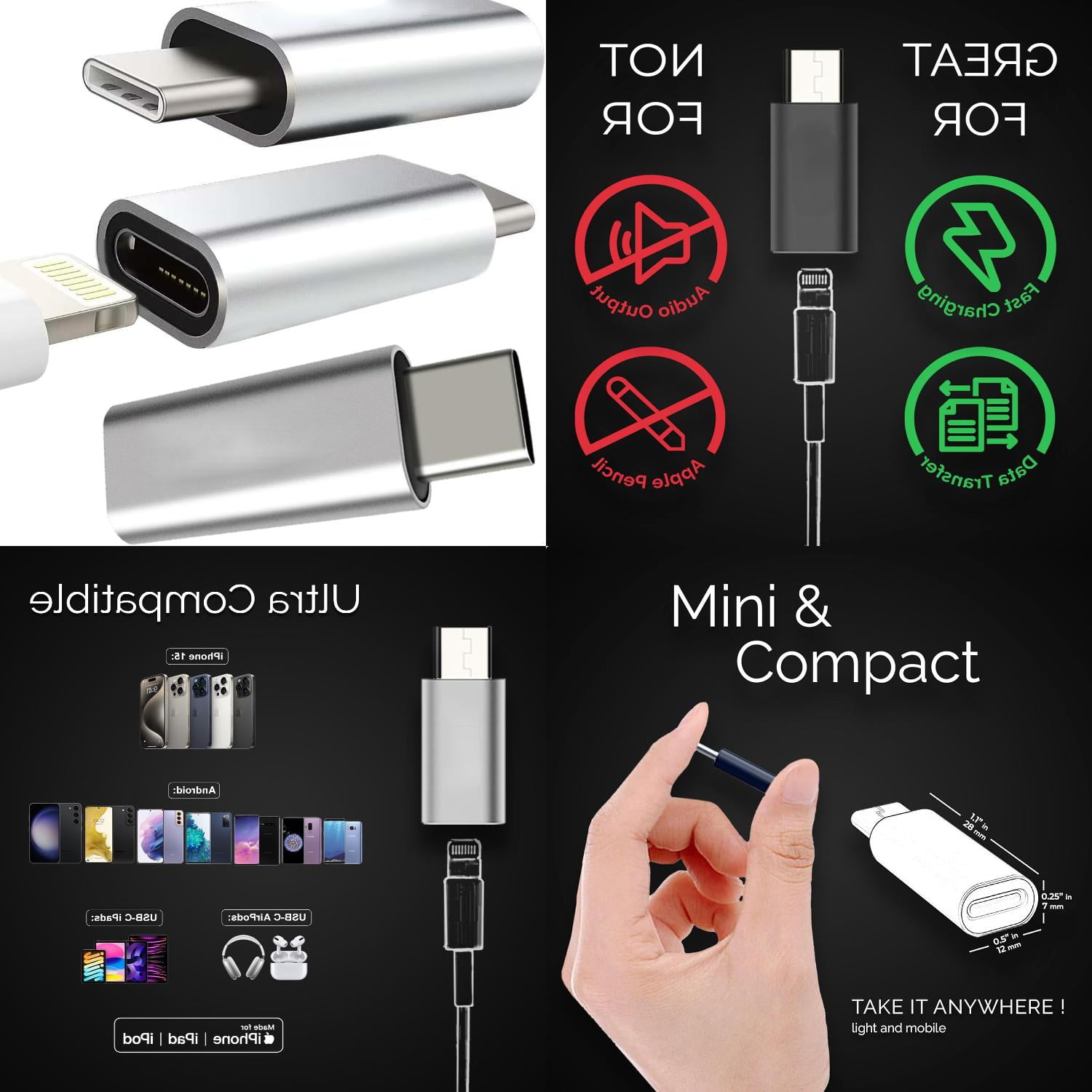 HUNXIAEI Fast Charging 3-Pack Lightning to USB Adapter - Wide ...